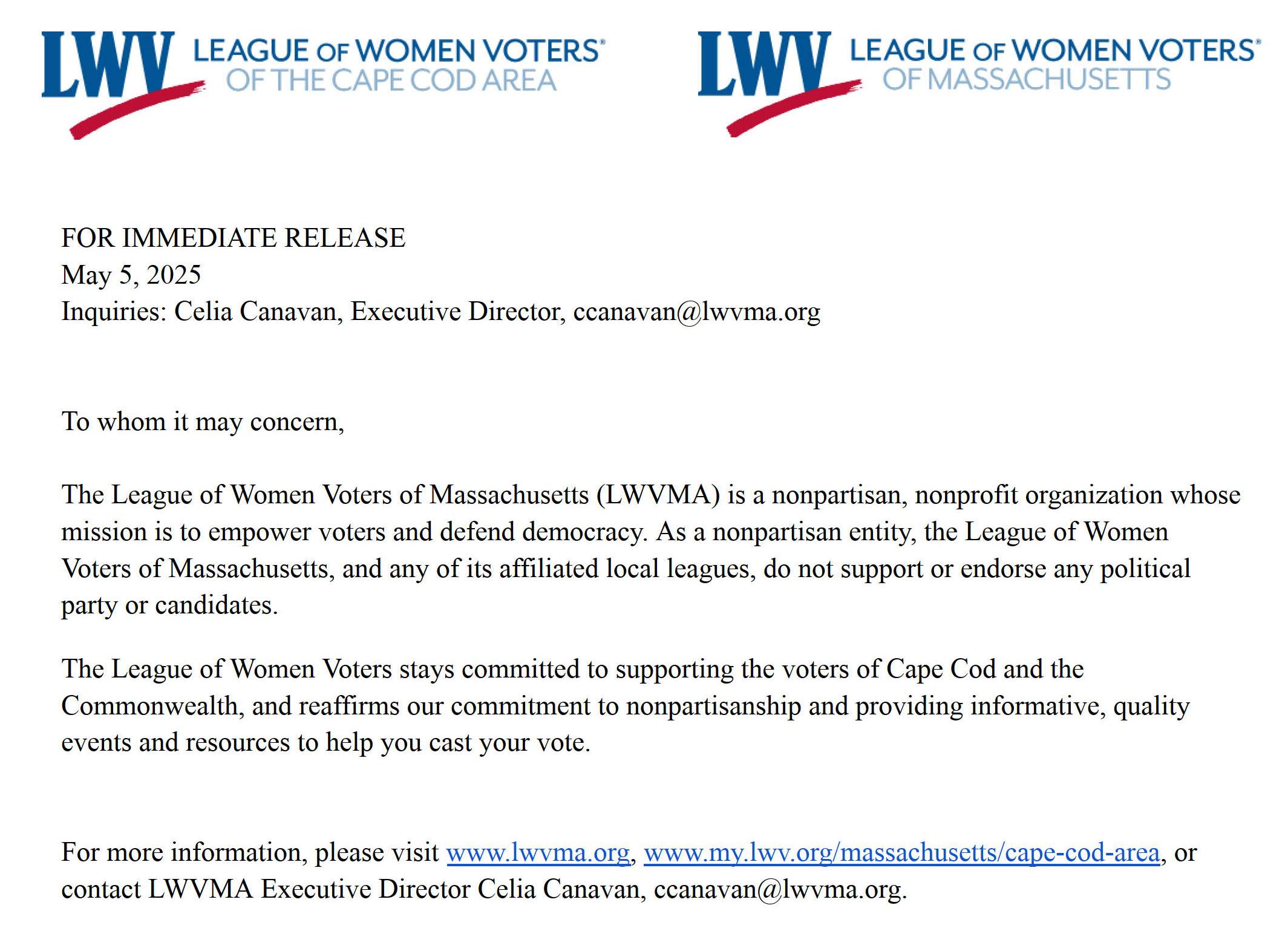 LWVMA and LWVCCA Joint Statement on Chatham Elections | MyLO